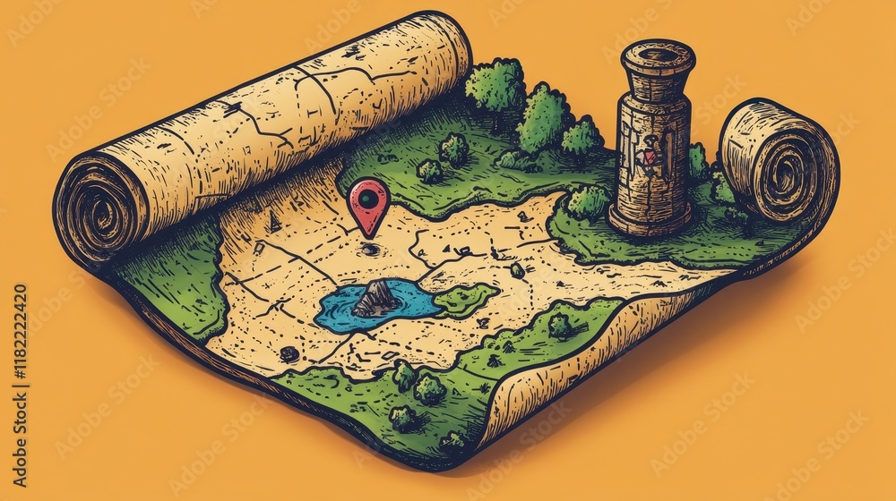 Rolled treasure map with location pin, lake, trees, and tower. Stock ...