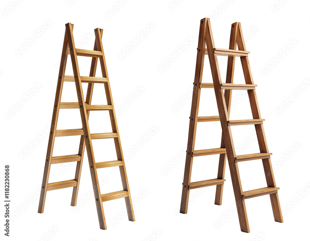 Standing wooden ladder isolated on white or transparent background ...