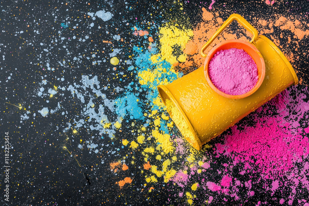 Colorful powder spills from yellow bucket, creating vibrant art scene ...