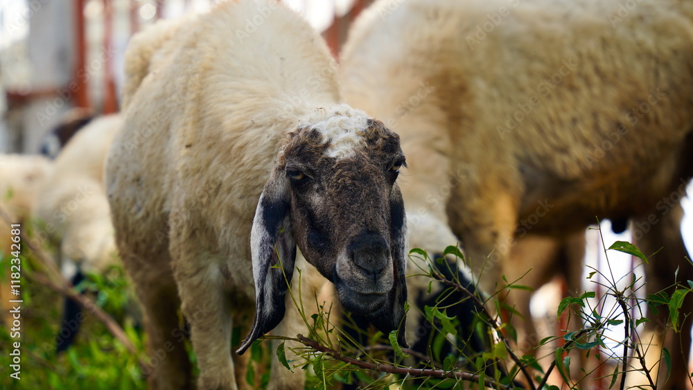 A sheep standing, looking around and the heard is grazing grass in the ...