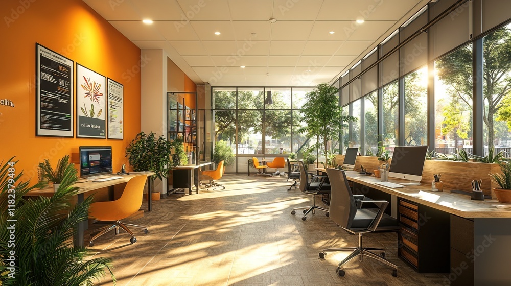 Open workspace of a consulting firm with desks, plants, and ...