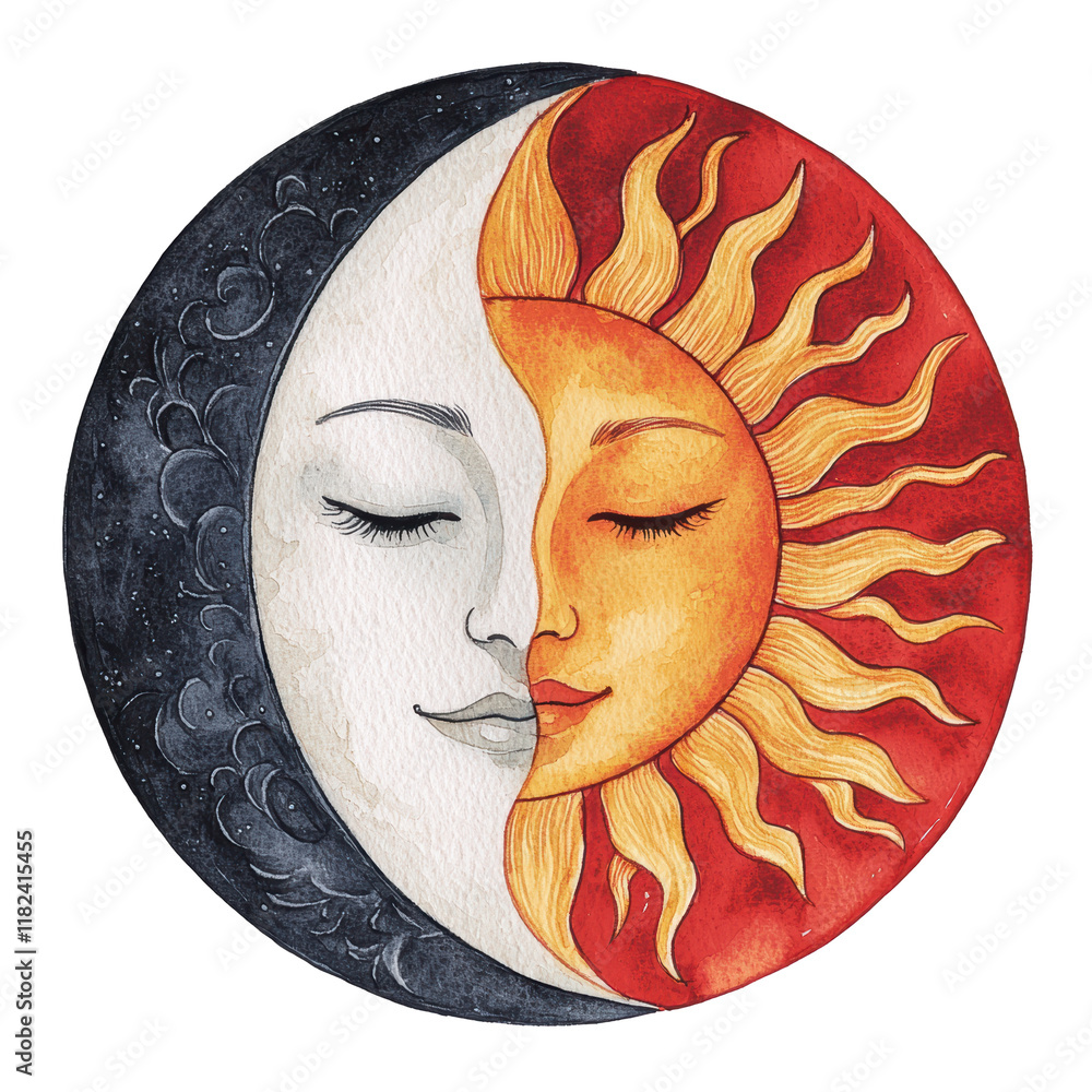 Sun and moon watercolor illustration featuring artistic representation ...