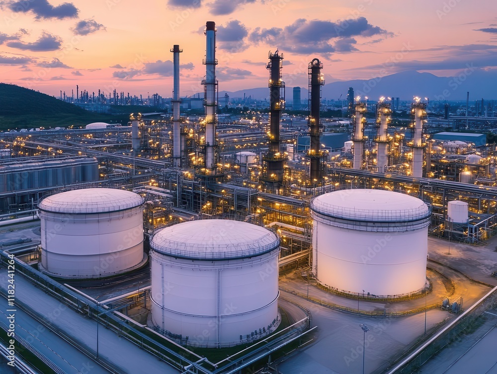 majestic oil refinery industrial complex with massive storage tanks and ...