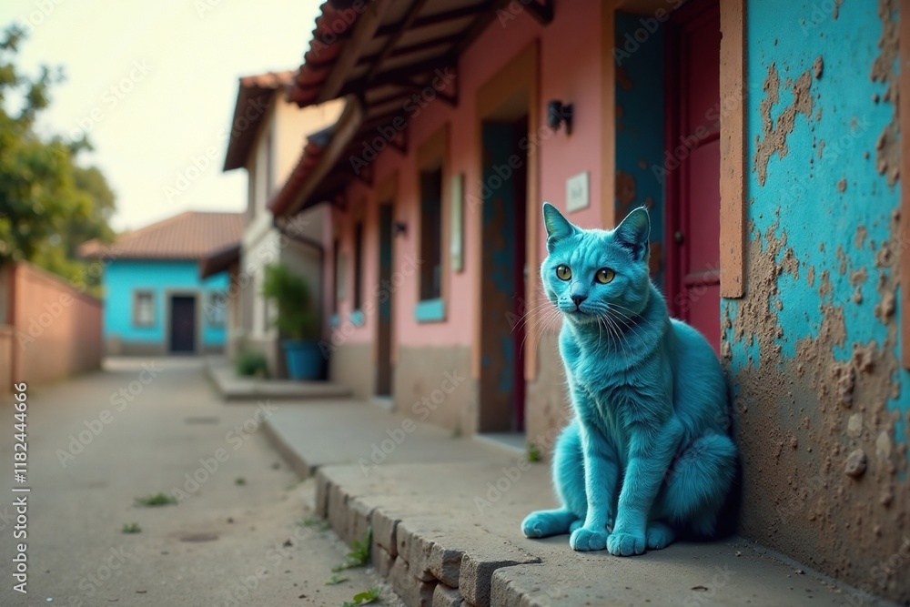 Gato azul con cola corta en la acera de un edificio de escuelas, gatos ...