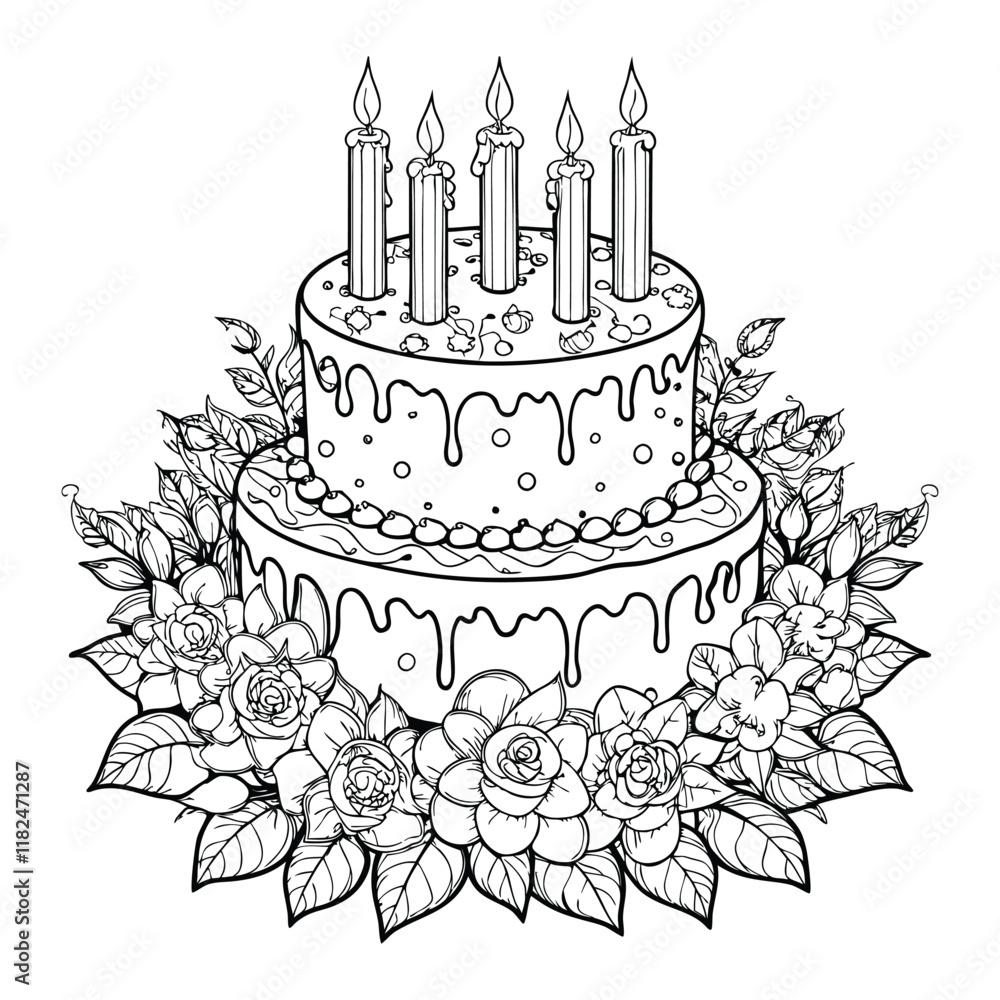 Birthday Cake Coloring Page Vector Illustration Adorned with Beautiful ...
