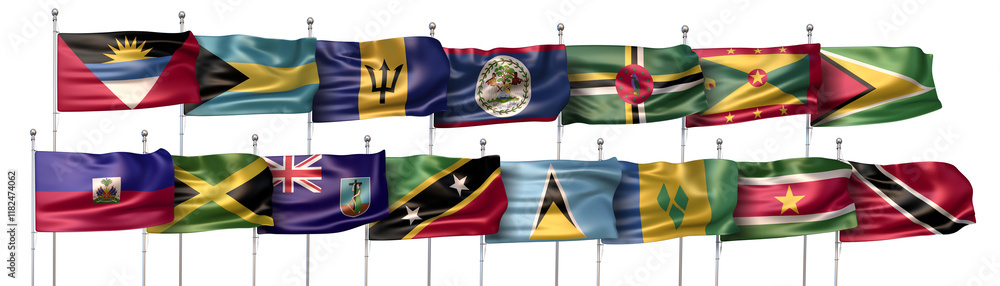 3D illustration featuring the national flags of the fifteen Caribbean ...