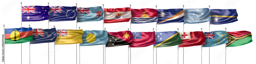 3D illustration featuring the national flags of the eighteen countries ...