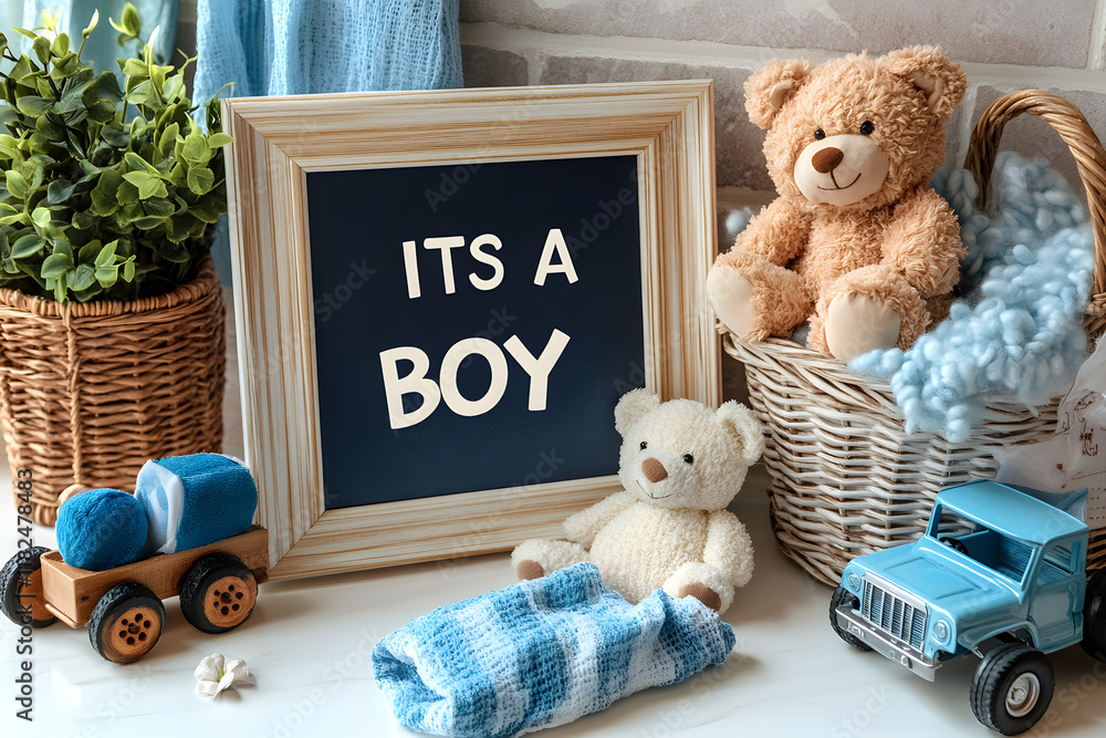 It's a boy new born baby text on sign board with cute little blue ...