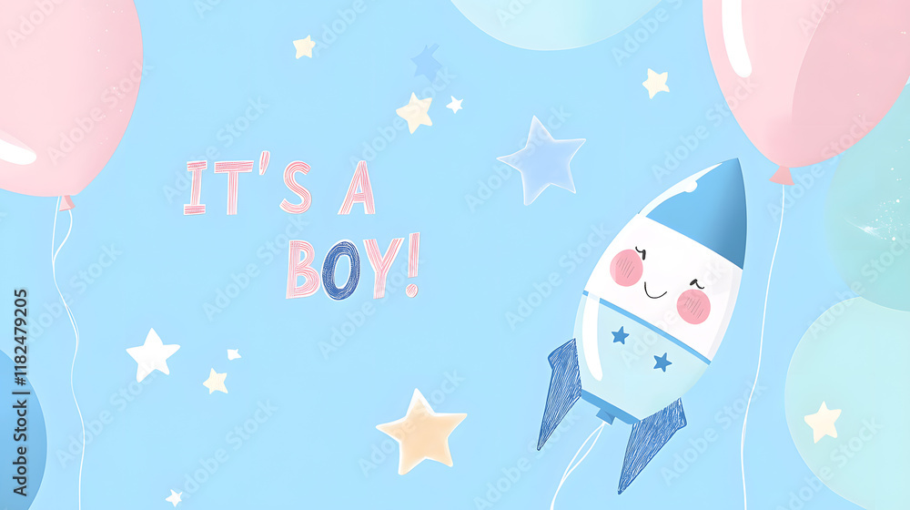 It's a boy new born baby text on sign board with cute little blue ...