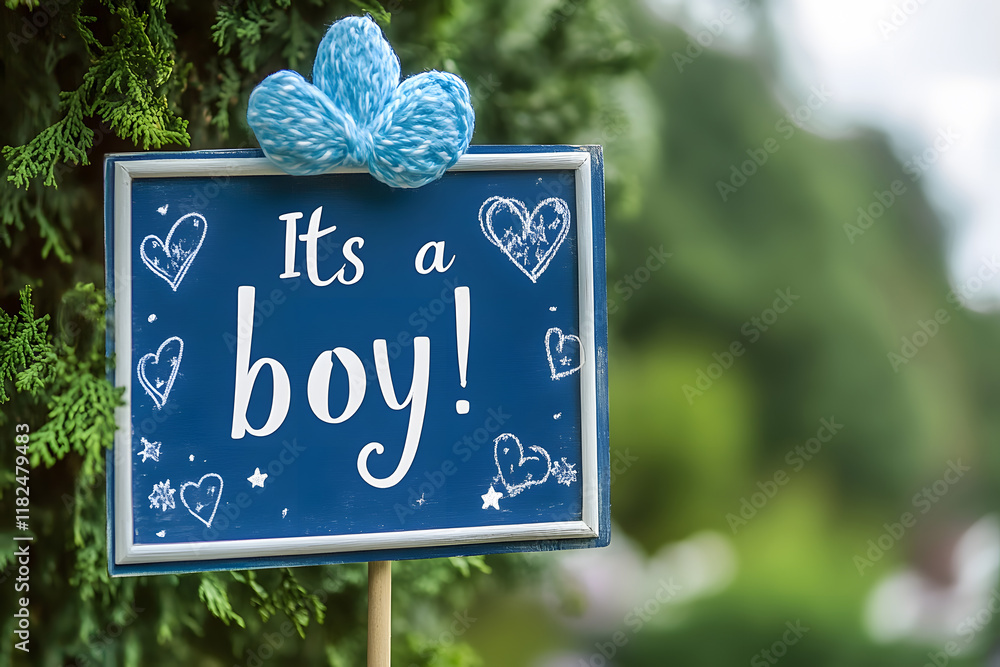 It's a boy new born baby text on sign board with cute little blue ...