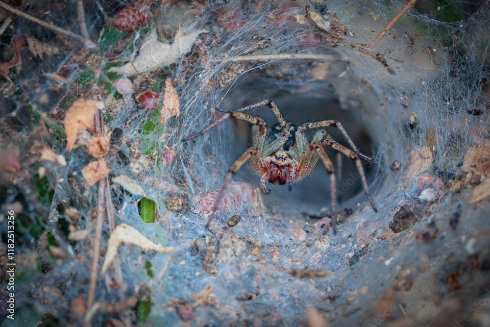 Tunnel spider. Builds a dense laminar network. Agelena labyrinthica is ...