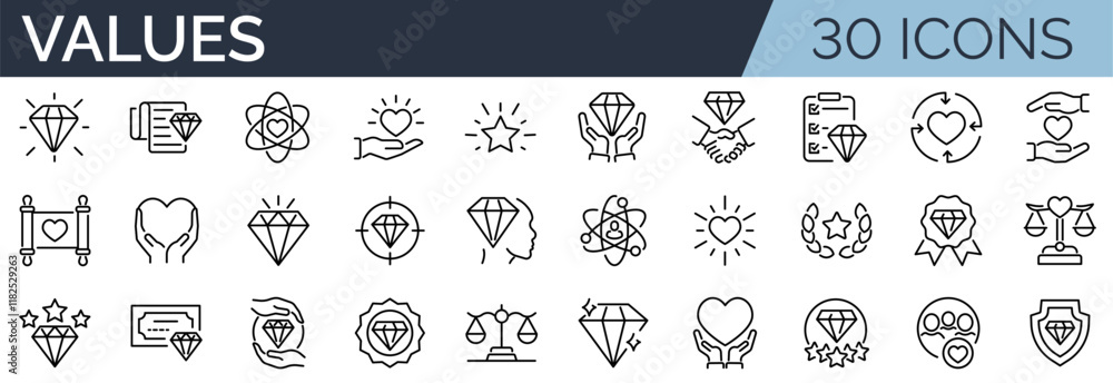 Set of 30 outline icons related to values. Linear icon collection. Editable stroke. Vector ...
