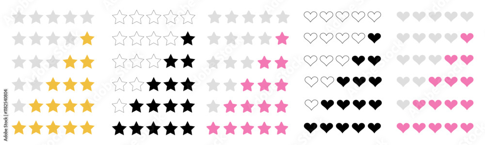 Vector set of rating and vote icons with stars and hearts. Quality ...