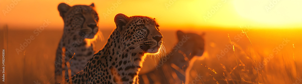 Leopards standing in the savanna with setting sun shining. Group of ...