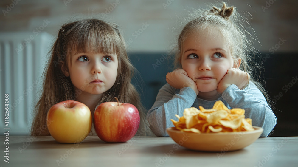 Fat, obese and overweight girl kid choosing between healthy and ...