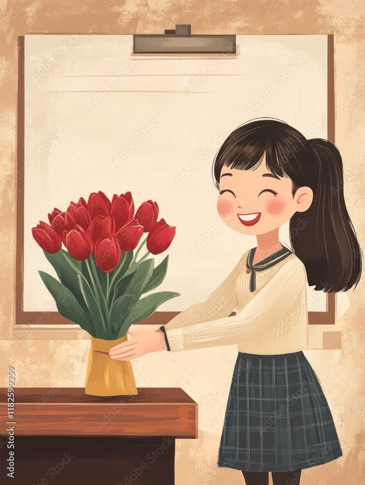 Asian female child joyfully holding red tulip bouquet in classroom ...