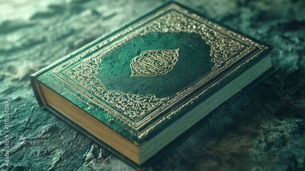 Ornate green quran with embossed arabic calligraphy on textured surface ...