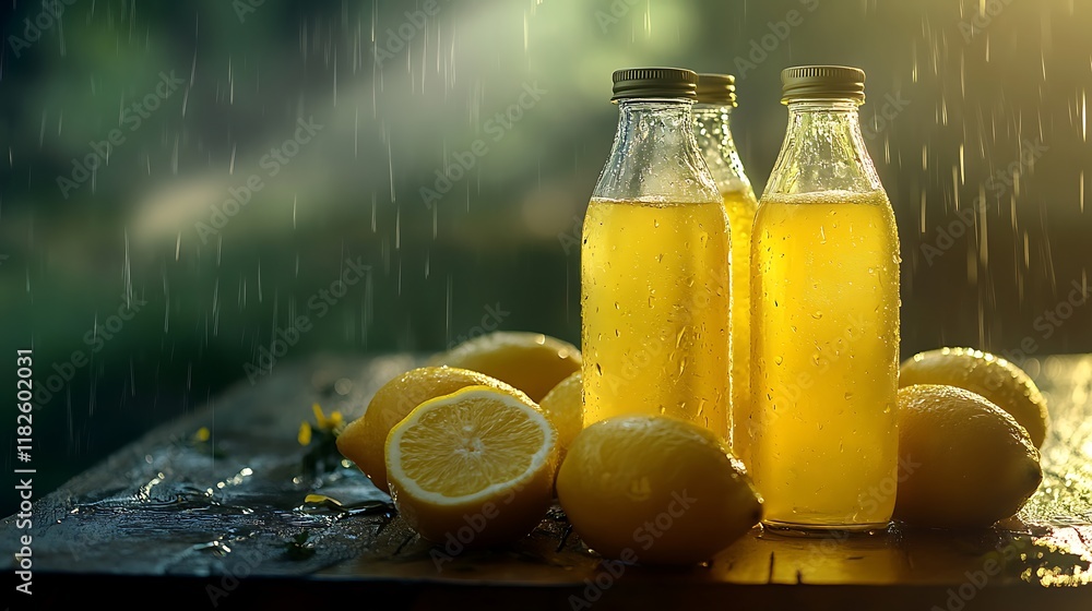 Glass bottles with lemonade and lemons against a dark background ...