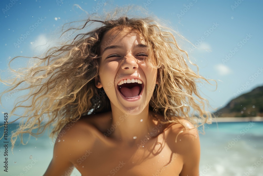Carefree young woman laughing out loud with curly hair blowing in wind, enjoying summer vacation ...