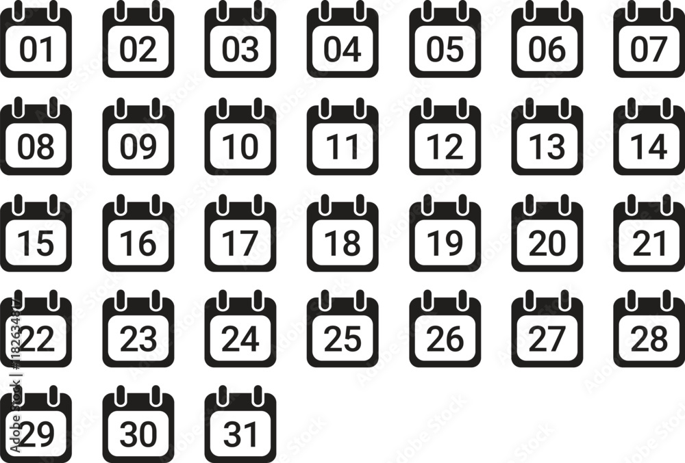 Vector image of calendar icons representing days of the month, from 1 ...