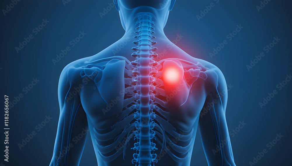 3D illustration of human upper body showing spine and shoulder pain ...