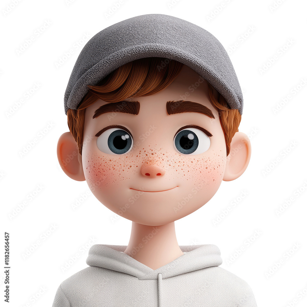 Memoji of a cheerful European boy with freckles wearing a cap on a ...
