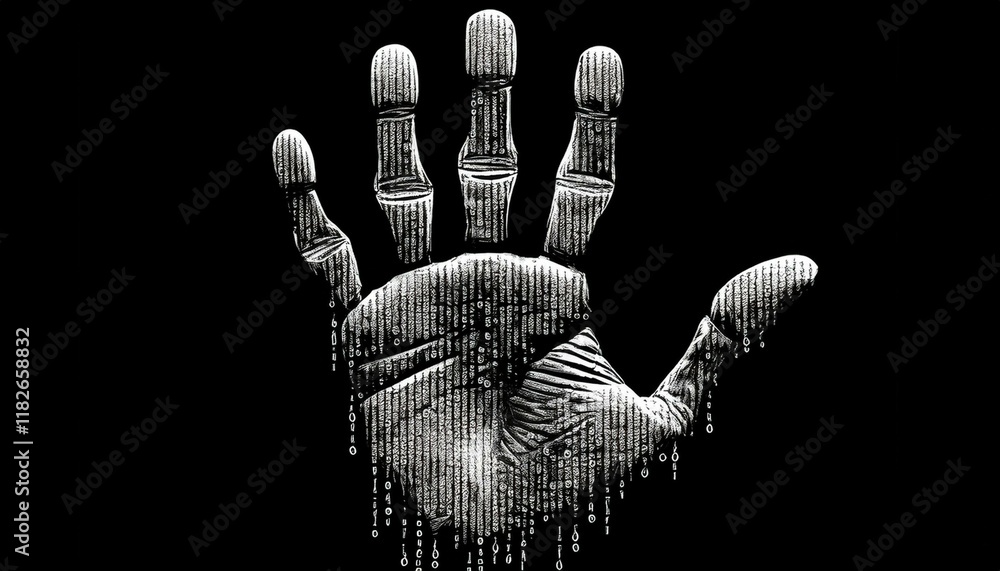 handprint with white matrix code symbols on black background matrix ...