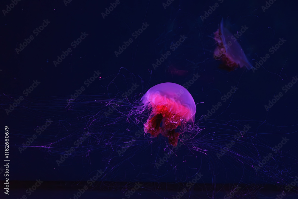 Fluorescent jellyfish swimming underwater aquarium pool with red neon ...