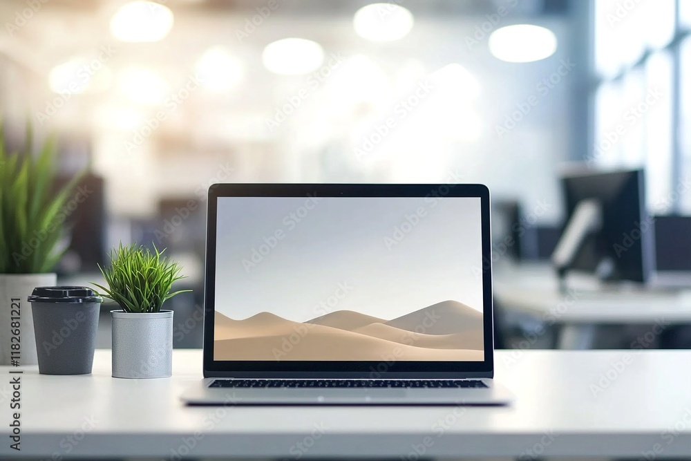 Modern laptop with desert wallpaper on office desk. Minimalist ...