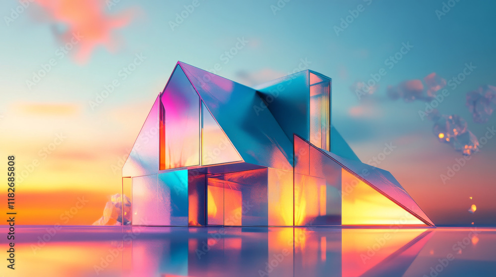 Hologram house. A house made of polygons, triangles of dots and lines ...