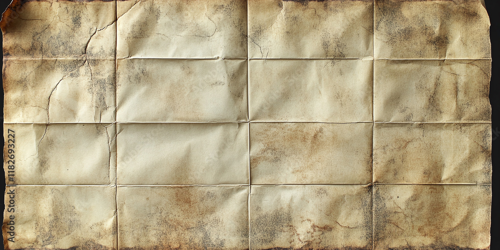 An aged, weathered paper texture with visible folds, creases, and burn ...