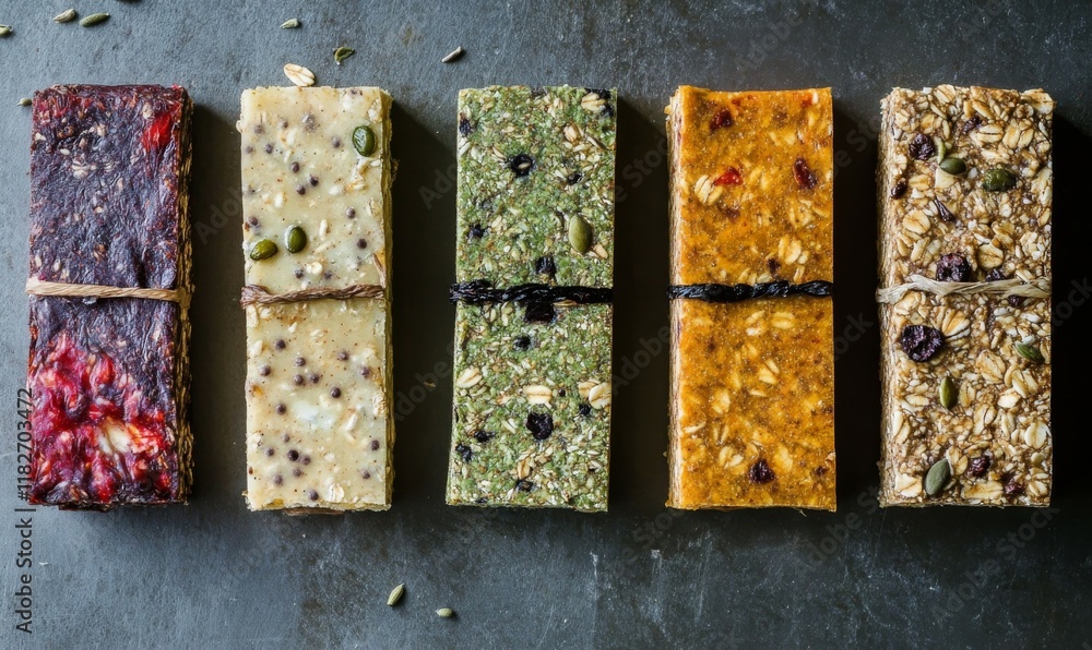 Row of six different kinds of granola bars. The bars are all different ...