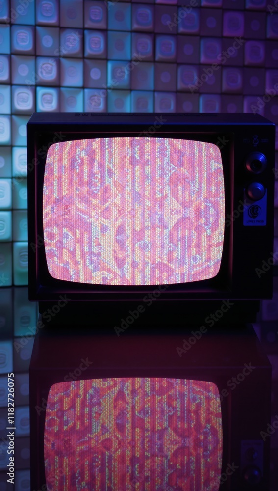 Abstract futuristic televised scene featuring a vibrant rainbow pixel ...