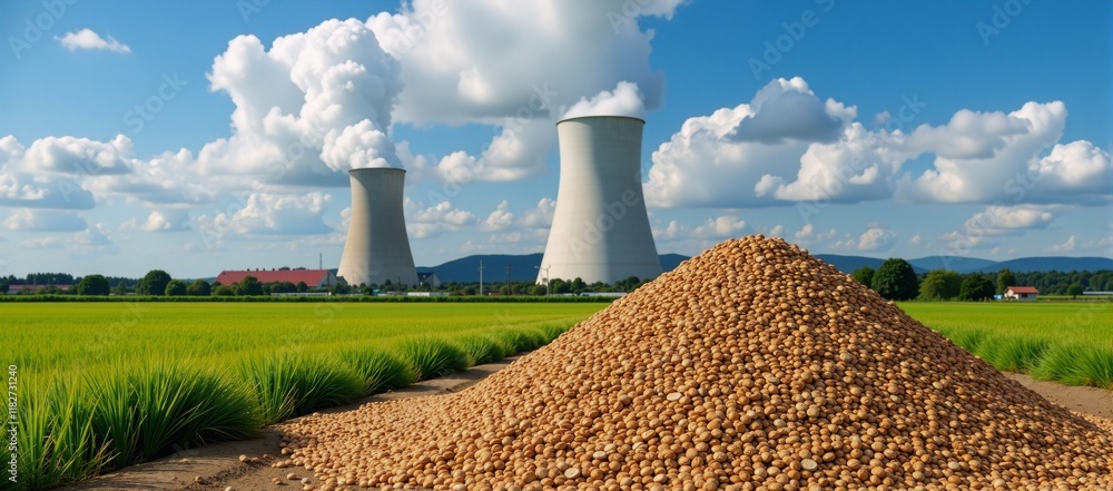 Biomass power plant amidst rice fields with steam and a large pile of ...