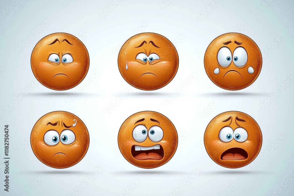 Cartoon emoji faces displaying a range of emotions on orange spheres ...