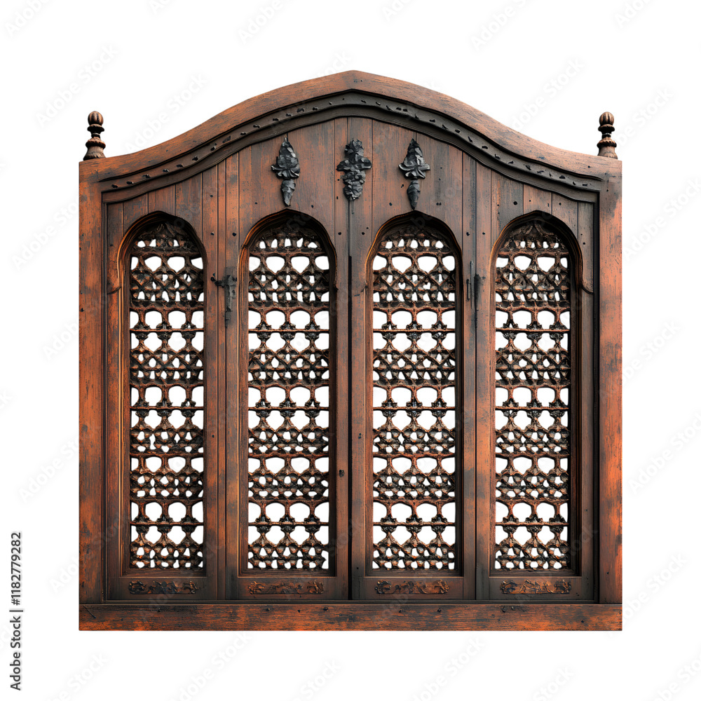 Mughal Jali Window with Wooden Cabinet and Grapes Isolated on ...