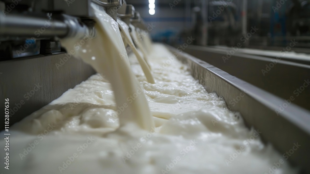 Fresh milk flowing through sterilized pipes in a dairy plant. Stock ...
