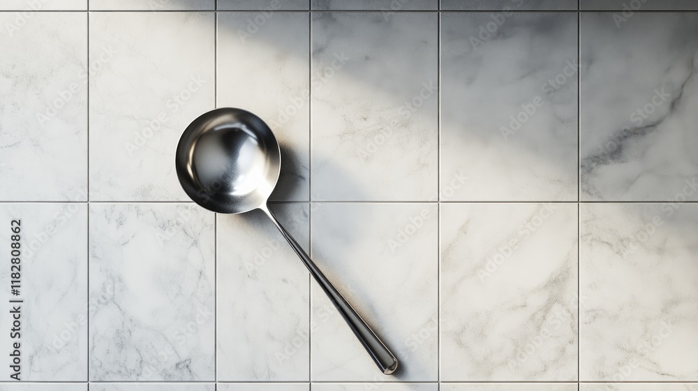 Stainless steel ladle resting on a ceramic tile countertop, with modern ...