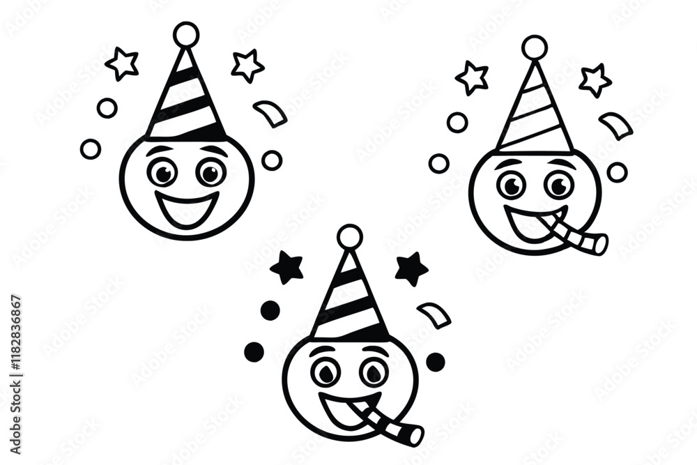 Happy emoji illustration celebrating with a party hat, blower, and ...