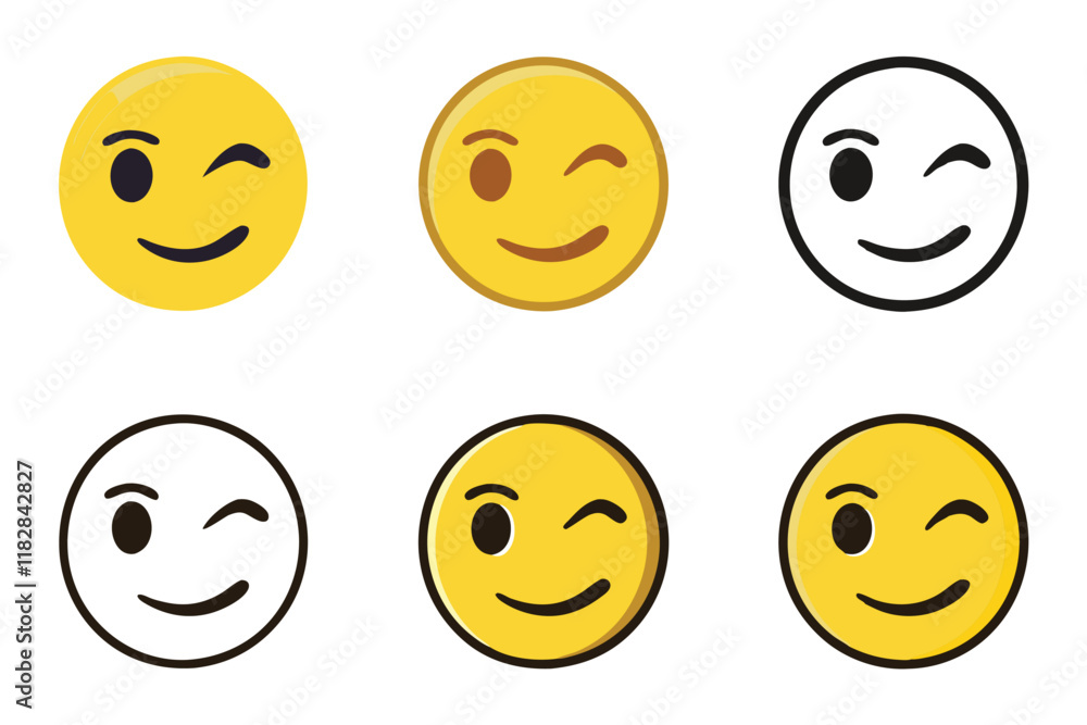 Fun and expressive winking face emojis in flat and line art styles for ...