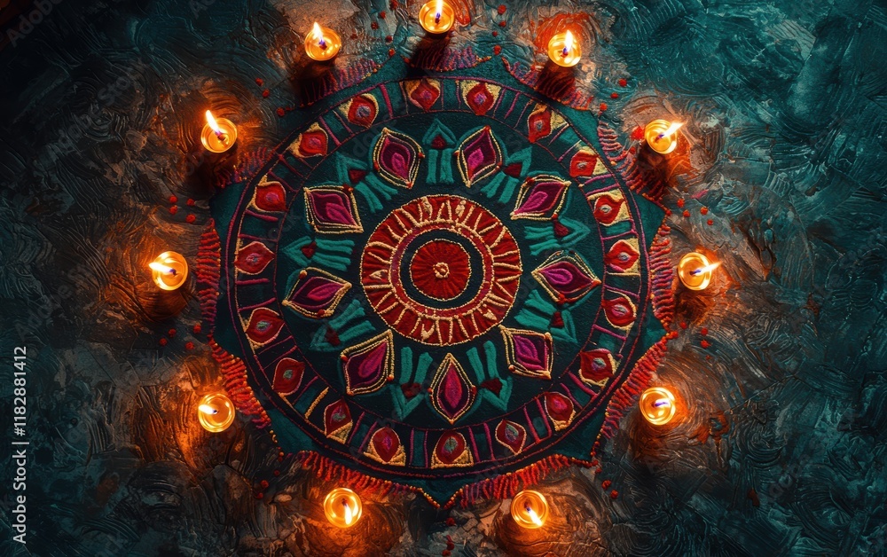 Beautiful circular rangoli with bright geometric shapes surrounded by ...