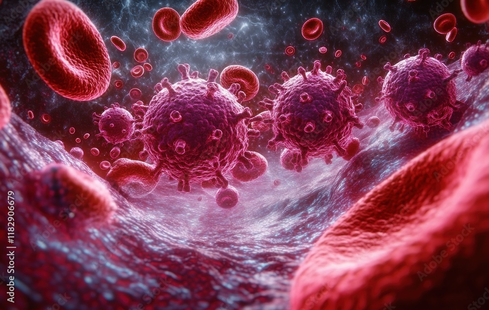 Microscopic View of Cancer Cells and Red Blood Cells in Human Blood ...