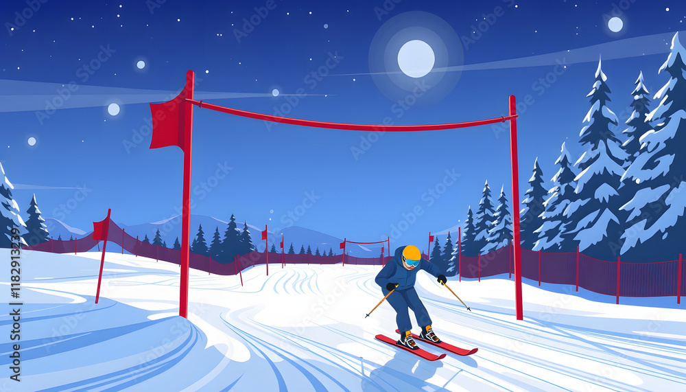Skier at a gate on the slalom race course, clipart style. isolated with ...