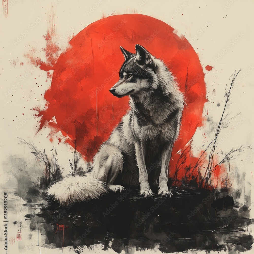 Stylized Wolf Howling at Moon in Traditional Inuit Haida Folk Art Stock ...