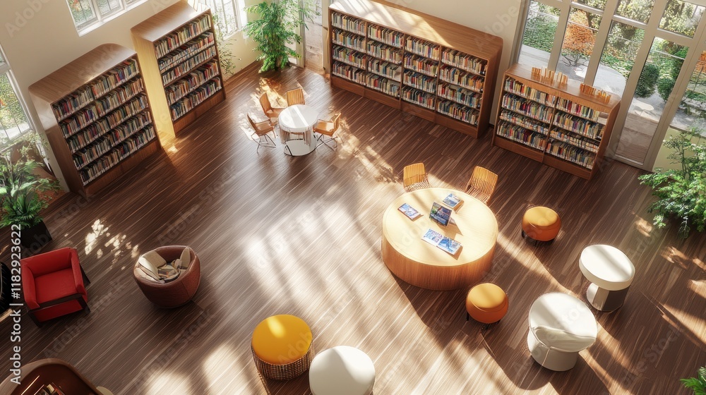 3D floor plan of a modern library, efficient study areas, spacious ...