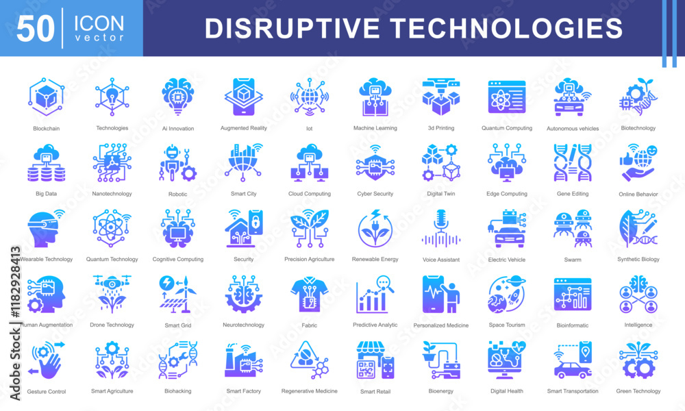 Disruptive Technologies icon set with ai, innovation, blockchain ...