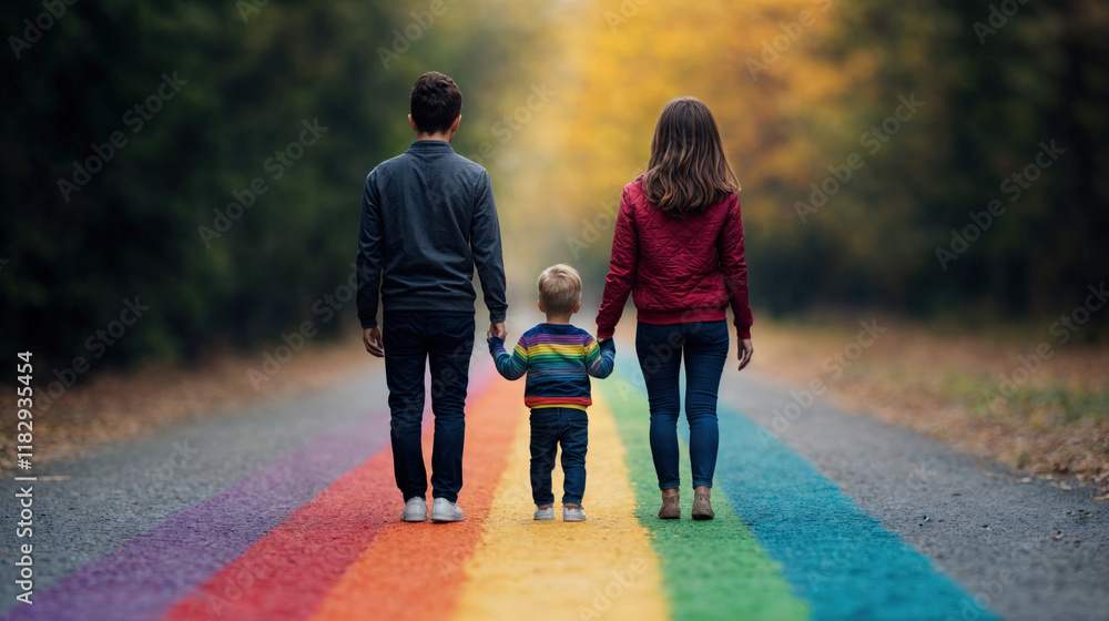 Happy LGBTQ couple with child walking hand in hand on a rainbow-painted ...