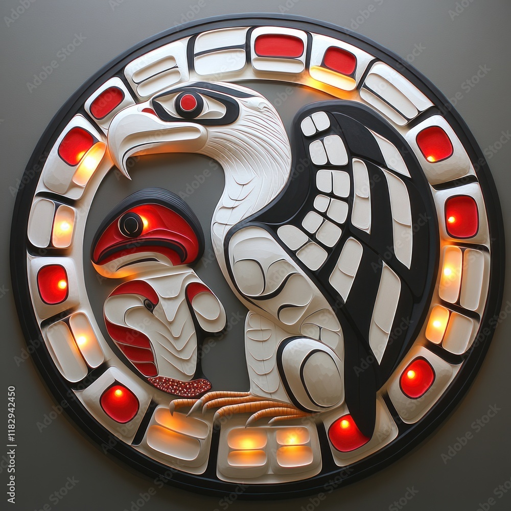 Stylized Eagle and Frog in Vibrant Traditional Indigenous Art Black Red ...
