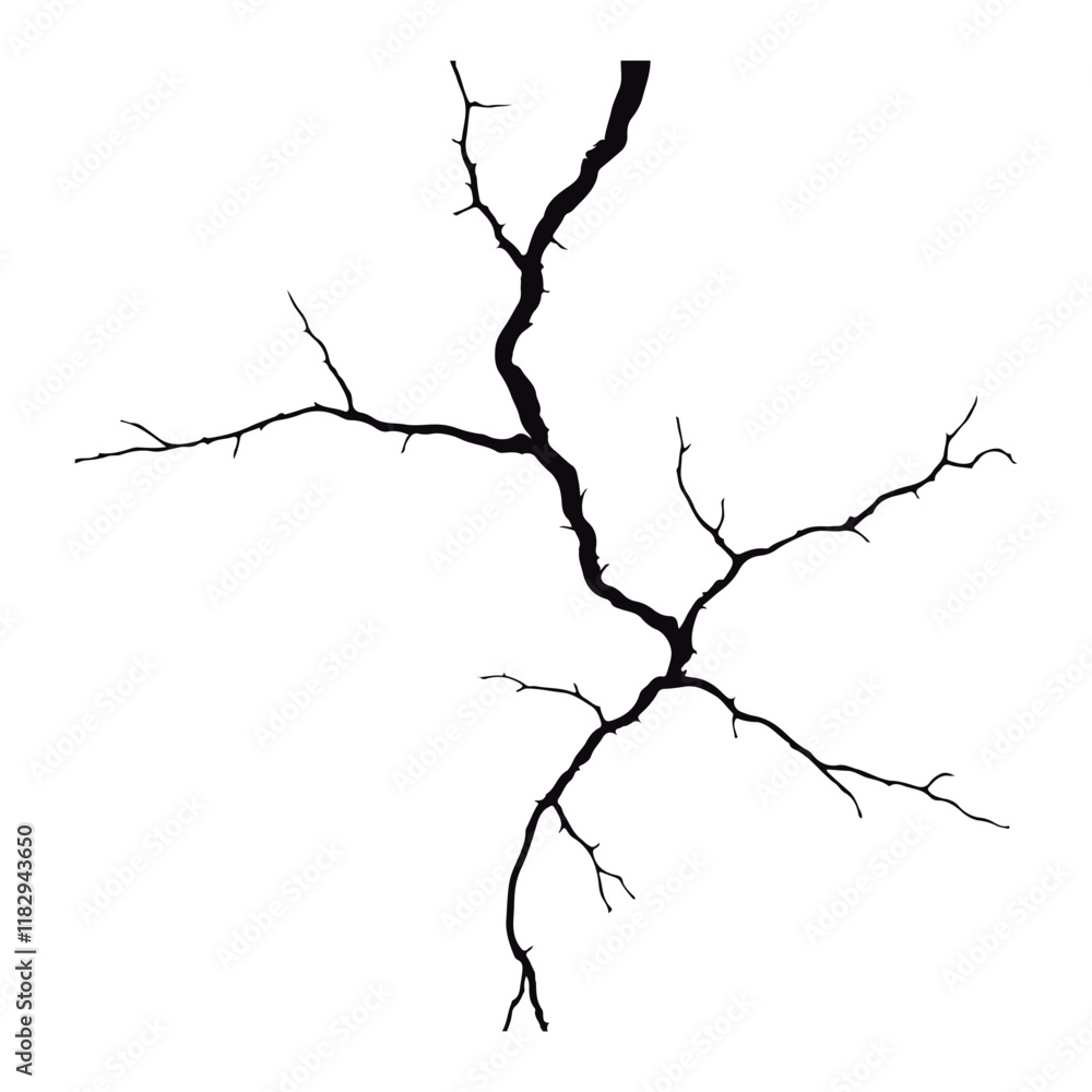 Split lines in the concrete or large fissures in the wall on a white ...