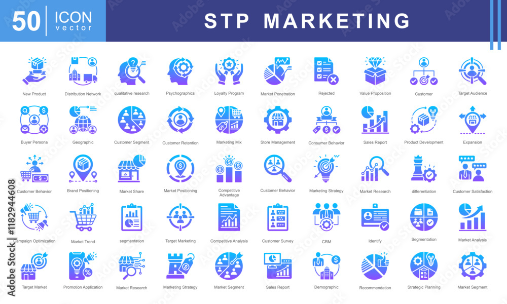 STP Marketing icon collection set. Containing target audience, customer ...